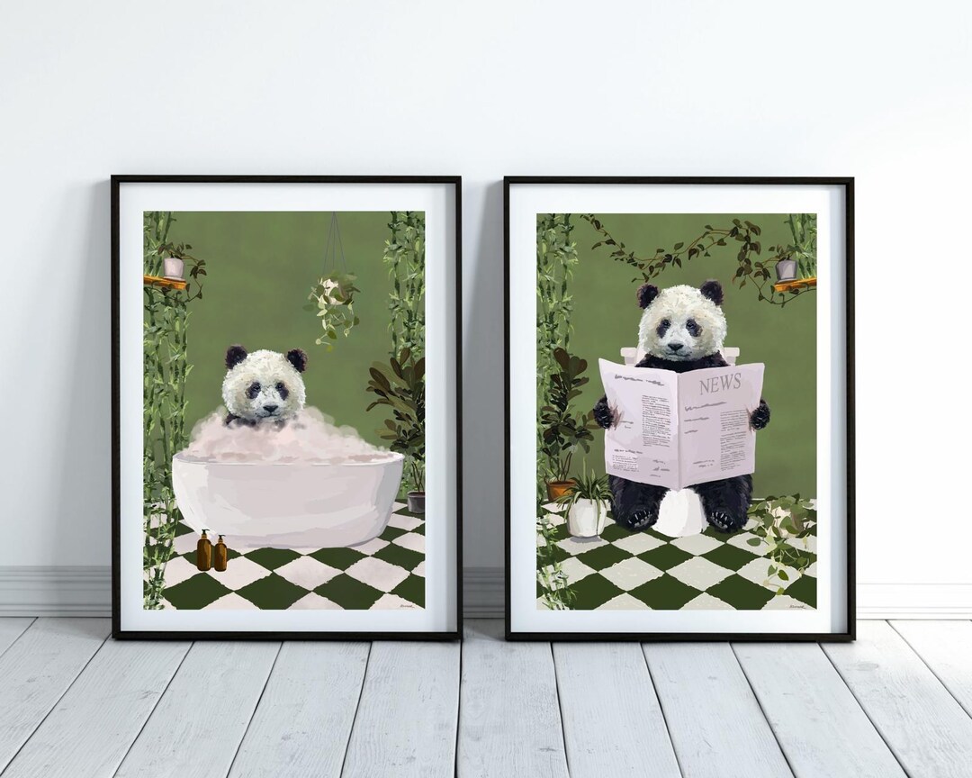Set of Two Panda Bathroom Prints. Panda in the Bath and Panda on the ...