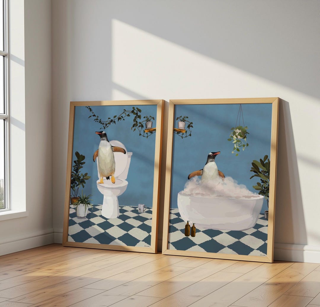 Set of Two Penguin Bathroom Prints. Penguin in the Bath and Penguin on ...