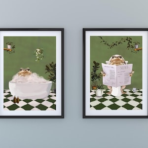 Set of Two Toad Bathroom Prints. Toad in the Bath, Frog on the Toilet ...