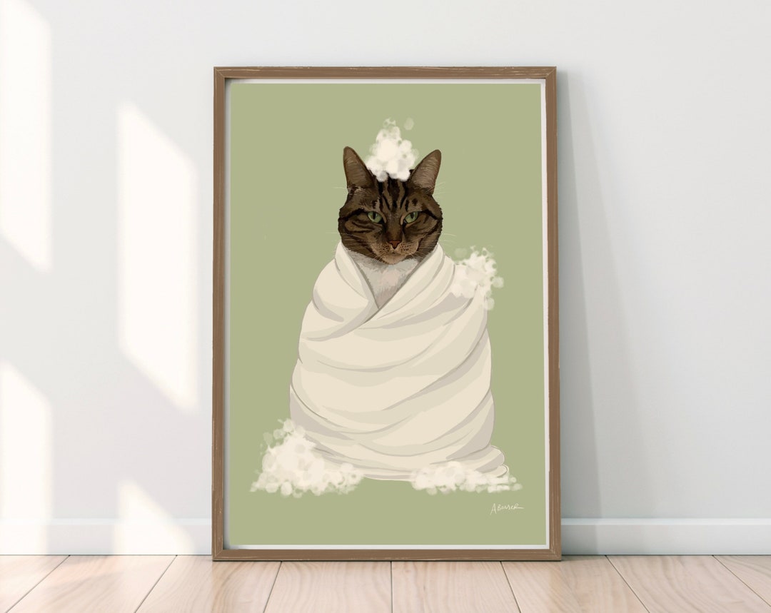 Cat in Bath Towel Print, Bathroom Decor, Hand Drawn Bubblebath Spa ...