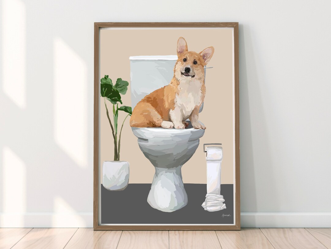 Corgi on Toilet Print, Bathroom Decor, Hand Drawn Dog, House Plant ...