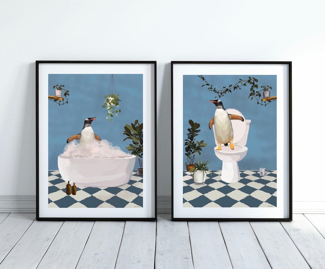Set of Two Penguin Bathroom Prints. Penguin in the Bath and Penguin on ...
