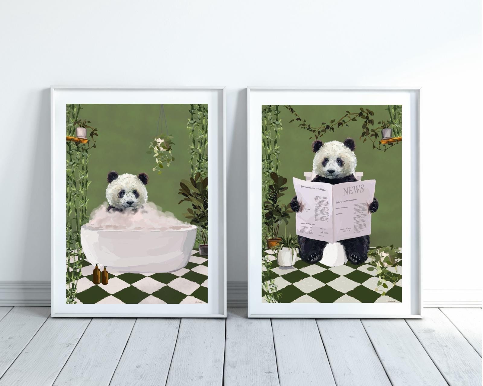 Set of Two Panda Bathroom Prints. Panda in the Bath and Panda on the ...