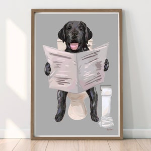Black Labrador on Toilet Print, Bathroom Decor, Hand Drawn Dog, Black ...