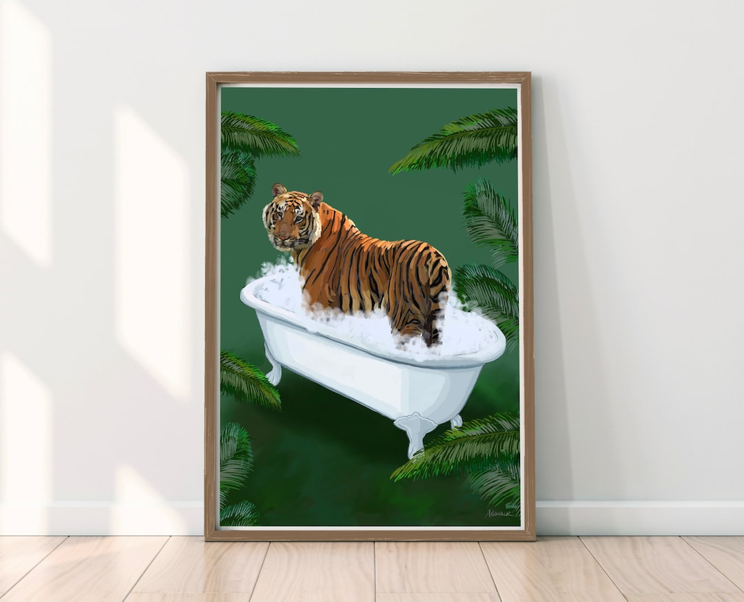 Tiger in the Bath Print, Bathroom Decor, Bubblebath Wildlife Spa Jungle ...