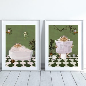 Set of Two Toad Bathroom Prints. Toad in the Bath, Frog on the Toilet ...