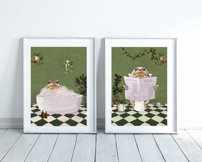 Set of Two Toad Bathroom Prints. Toad in the Bath, Frog on the Toilet ...