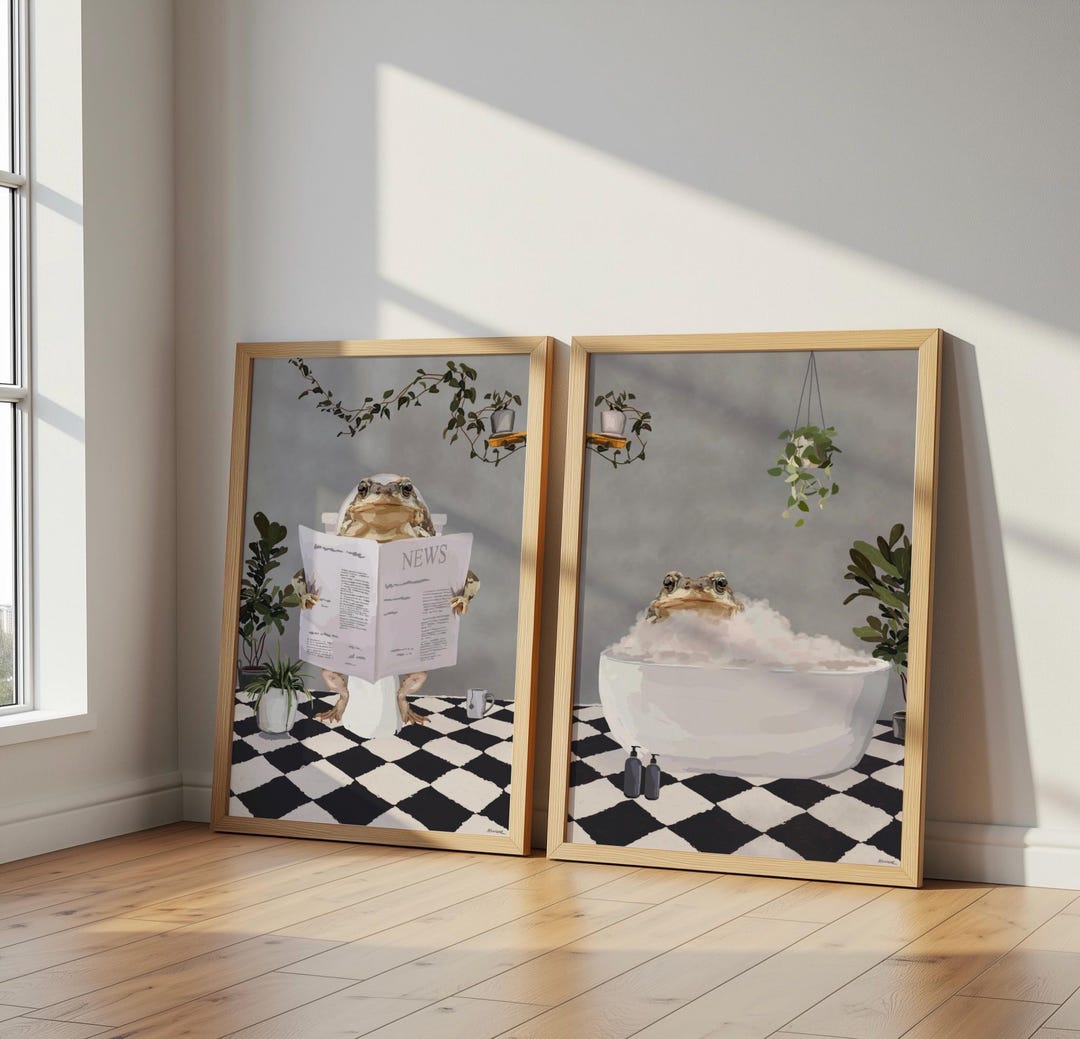 Set of Two Toad Bathroom Prints. Toad on the Loo, Frog in the Bath ...