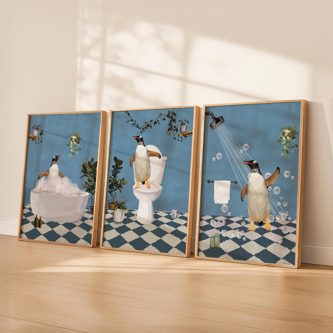 Set of Three Penguin Bathroom Prints. Penguin in the Bath, Penguin on ...