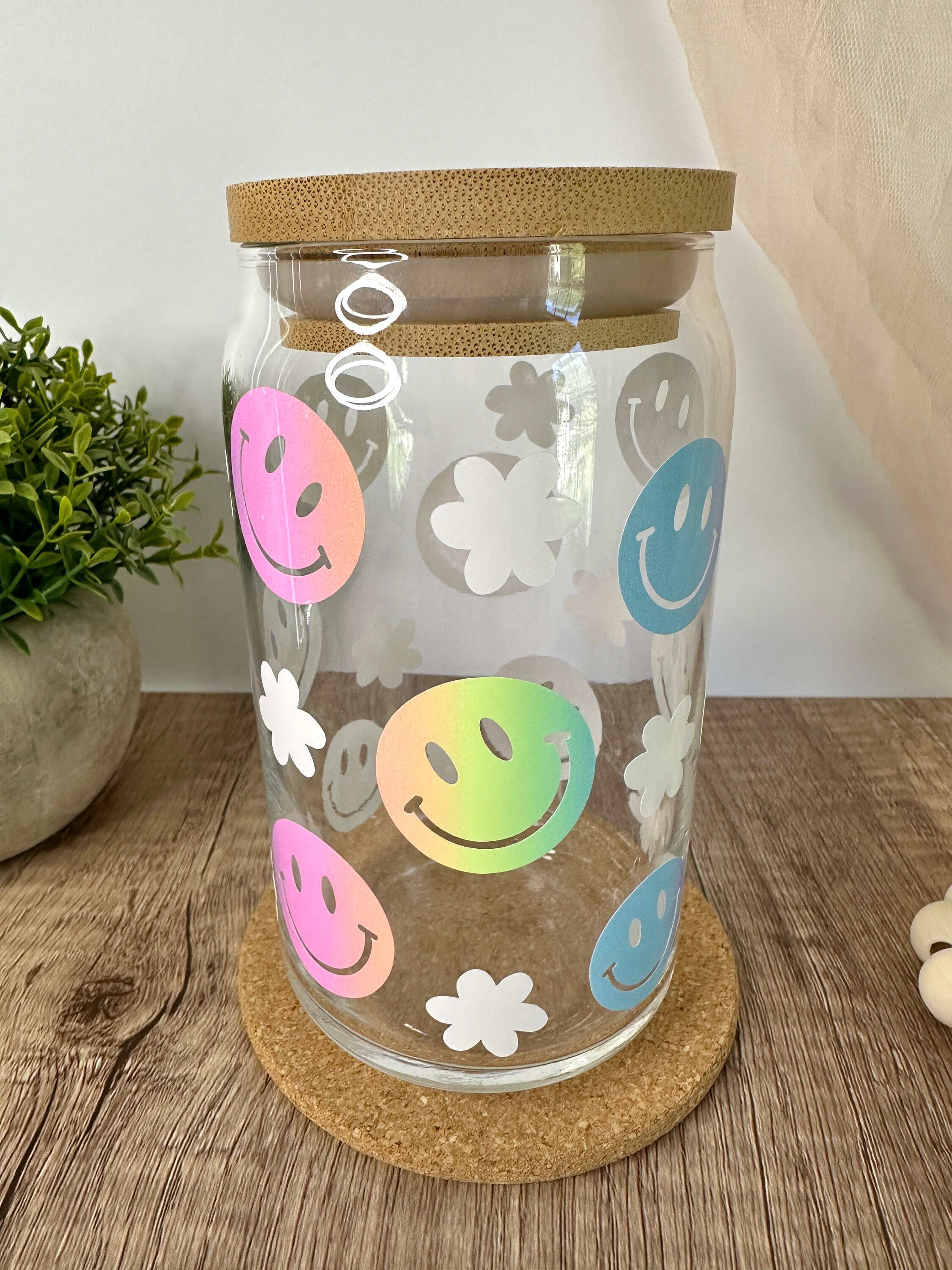 Smiley Face Glass Cup, Iced Coffee Cup, Happy Coffee Glass With Bamboo ...