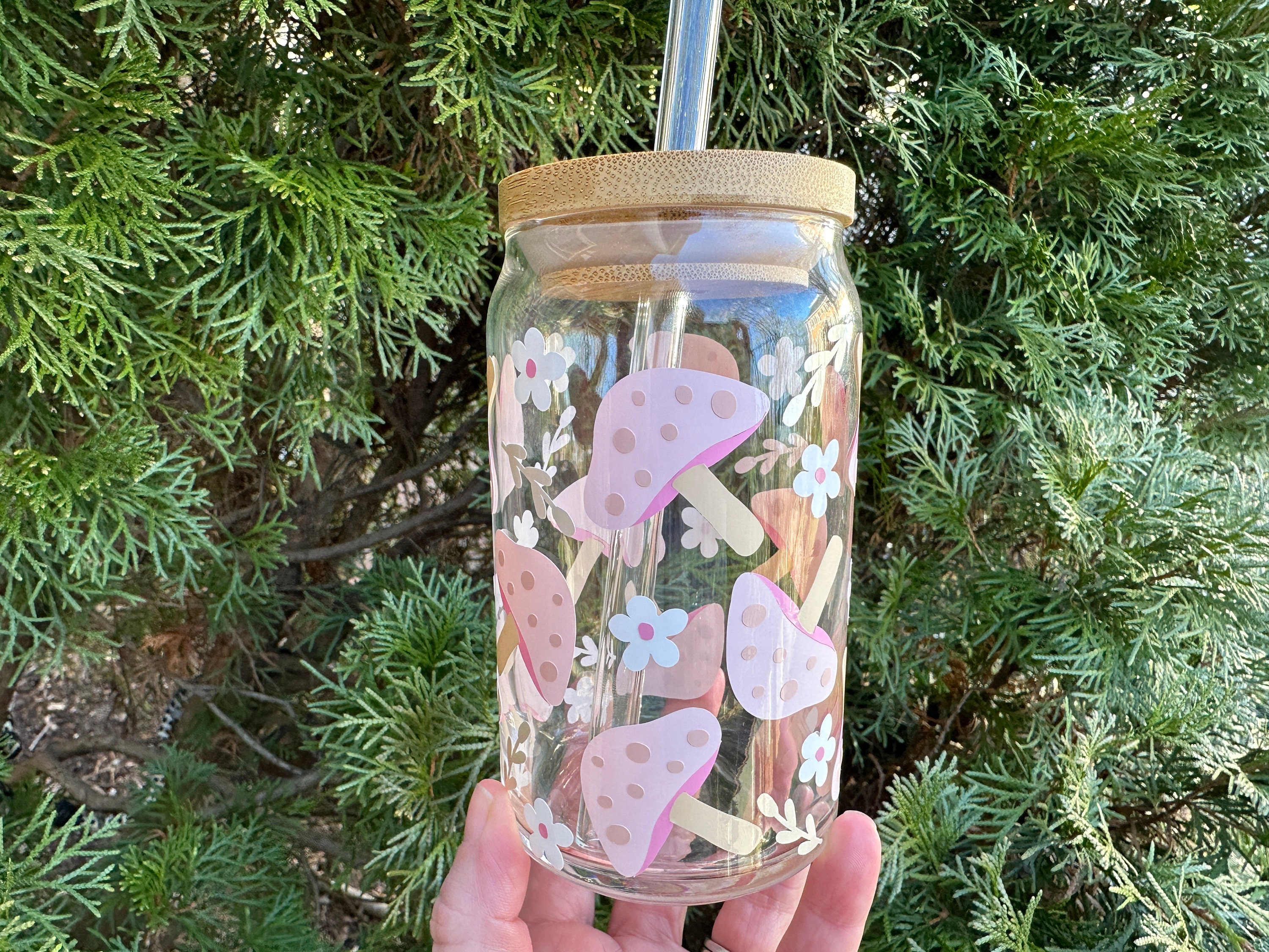 Cottagecore Iced Coffee Cup, Mushroom and Flowers Coffee Glass With Lid ...