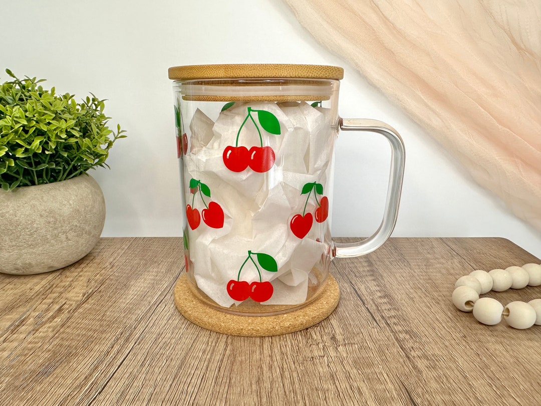 Cherry Glass Cup, Fruit Mug, Iced Coffee Glass Cup With Handle and Lid ...