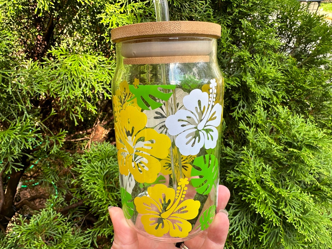 Hibiscus Glass Cup, Flower Iced Coffee Glass, Flower Beer Can Glass ...