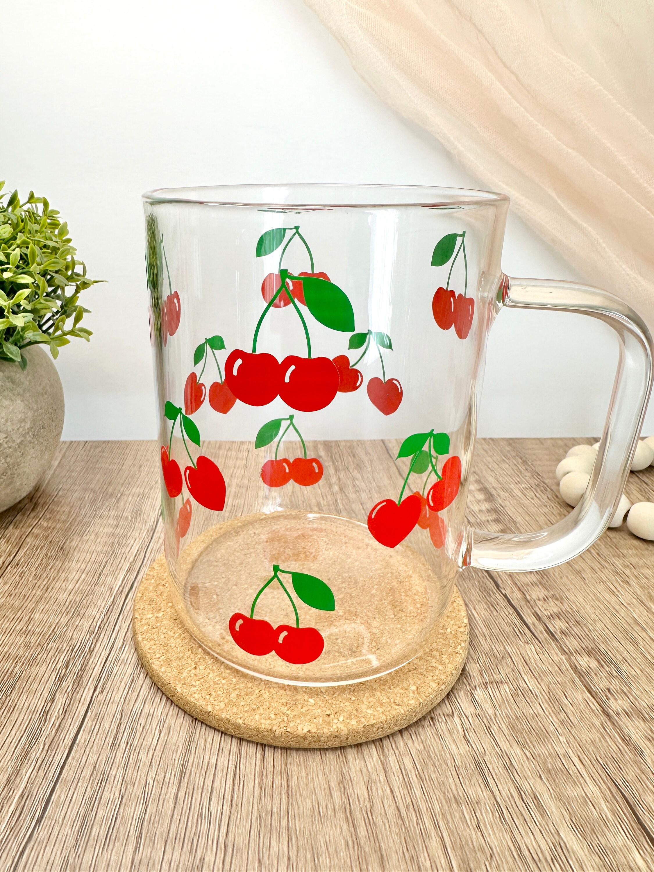 Cherry Glass Cup, Fruit Mug, Iced Coffee Glass Cup With Handle and Lid ...