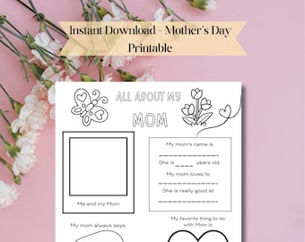 Mother's Day Printable, All About My Mom, Mothers Day Gift, Card for ...