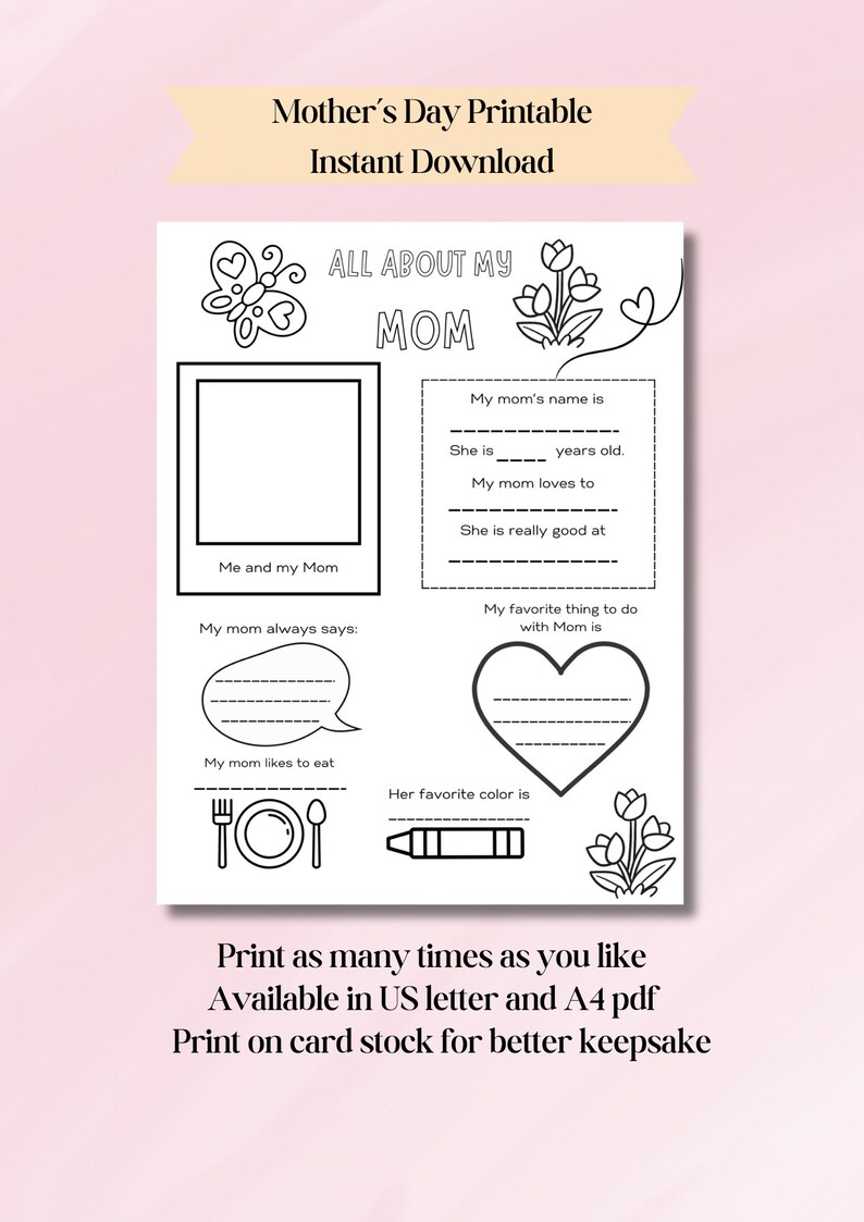 Mother's Day Printable, All About My Mom, Mother's Day Gift, Card for ...