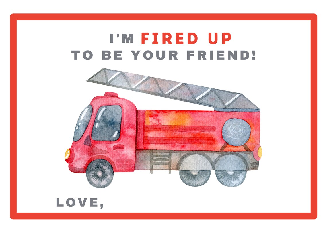 Printable Valentines Day Card for Kids, Firetruck Valentine Tags ...