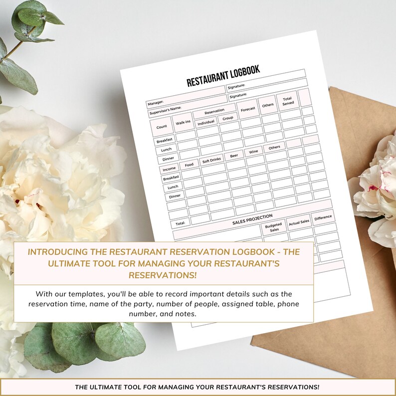 Restaurant Reservation and Managers Logbook Template and Printable PDF ...