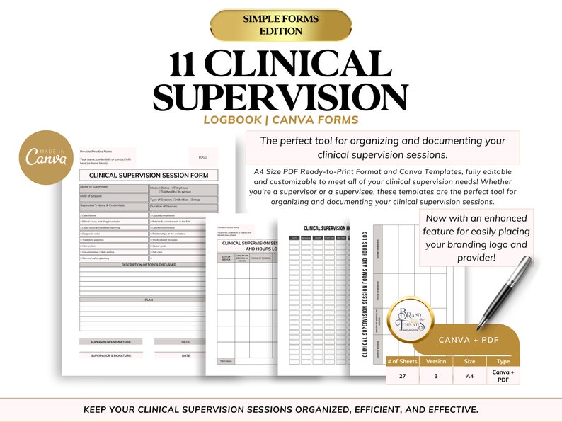 Clinical Supervision Session Forms and Hours Log Editable - Etsy