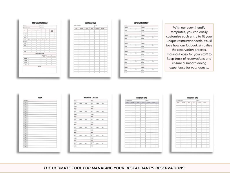 Restaurant Reservation and Managers Logbook Template and - Etsy