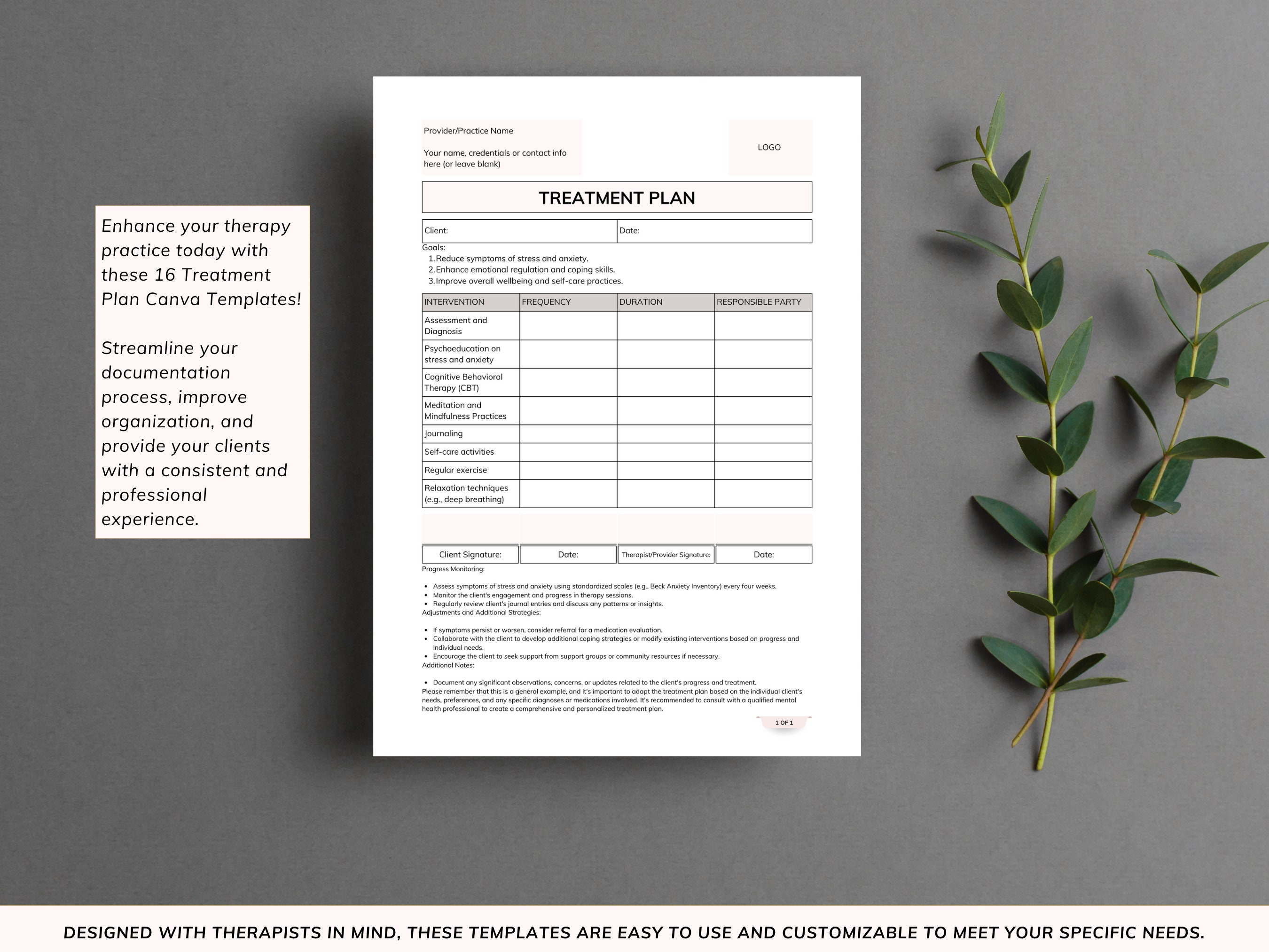 16 Treatment Plan Template for Therapists - Mental Health Assessment ...