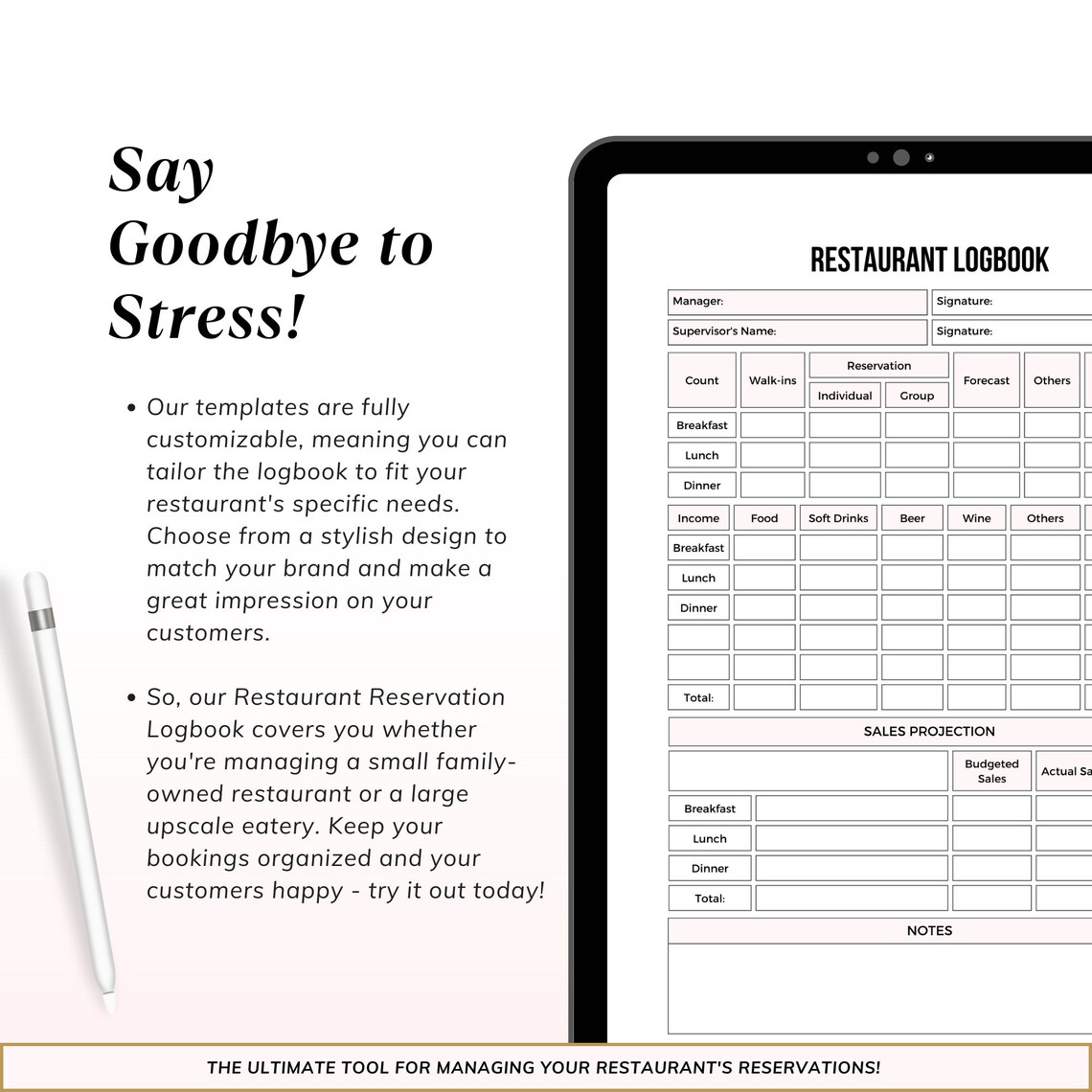 Restaurant Reservation and Managers Logbook Template and Printable PDF ...