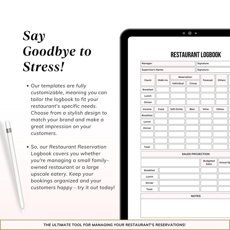 Restaurant Reservation and Managers Logbook Template and Printable PDF ...