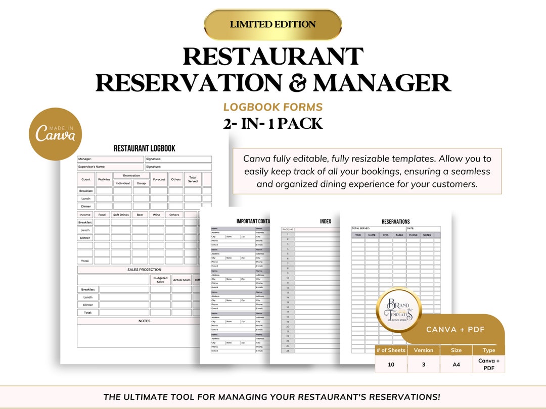 Restaurant Reservation and Managers Logbook Template and - Etsy