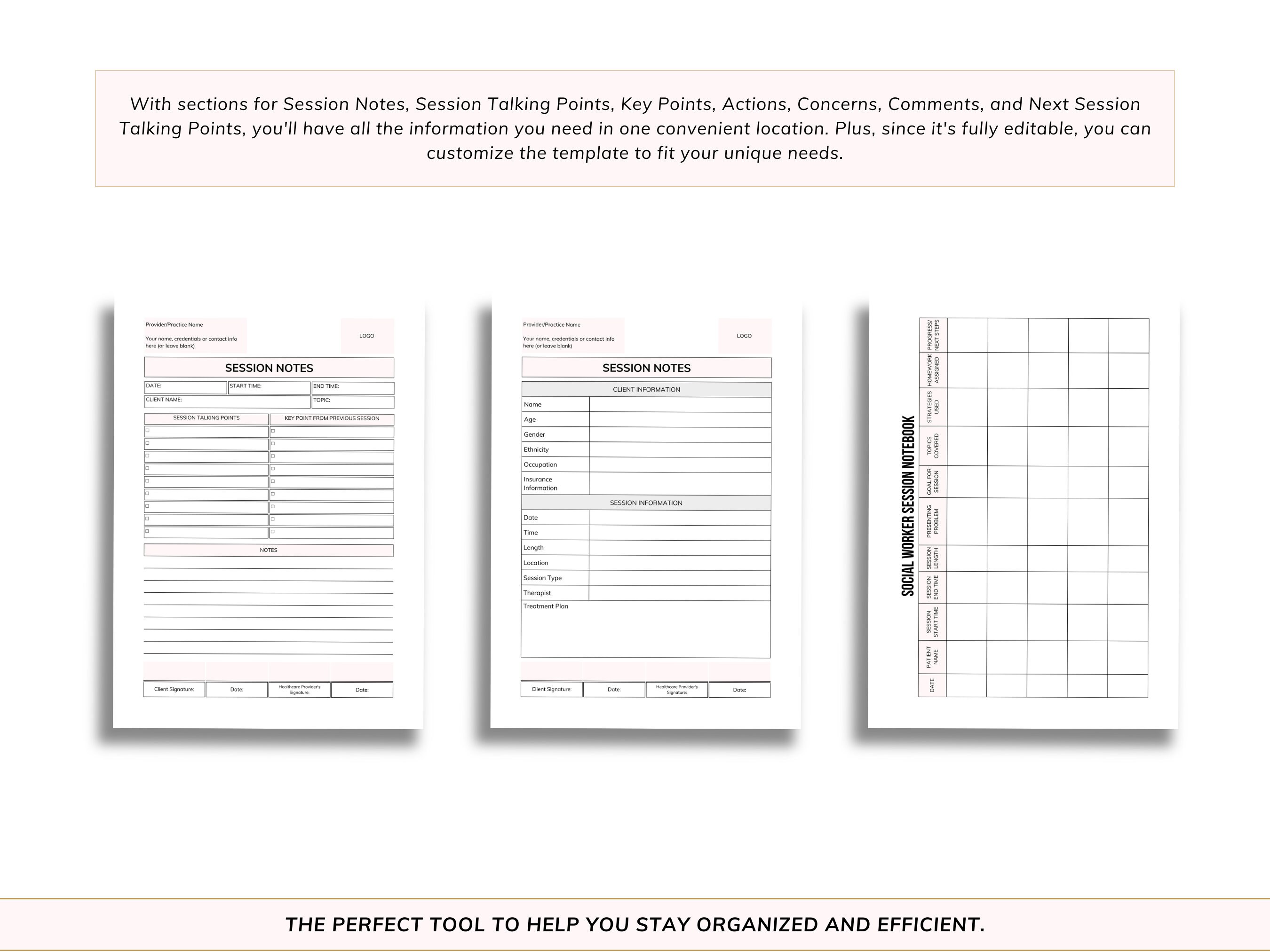 Social Worker Session Notes Notebook - Editable Template and Printable ...