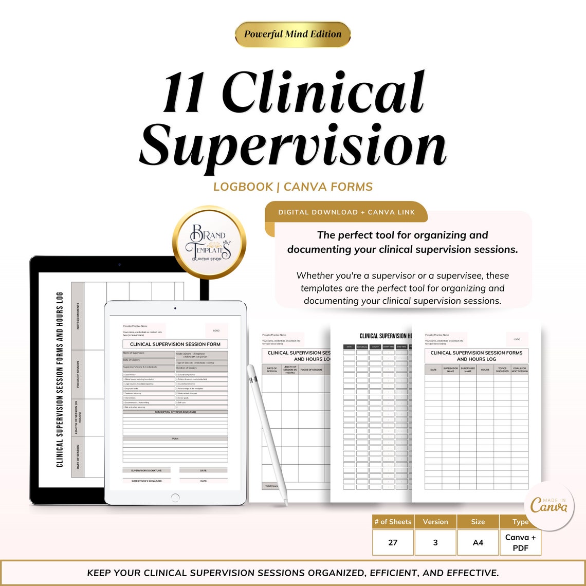 Clinical Supervision Session Forms and Hours Log Editable Canva ...