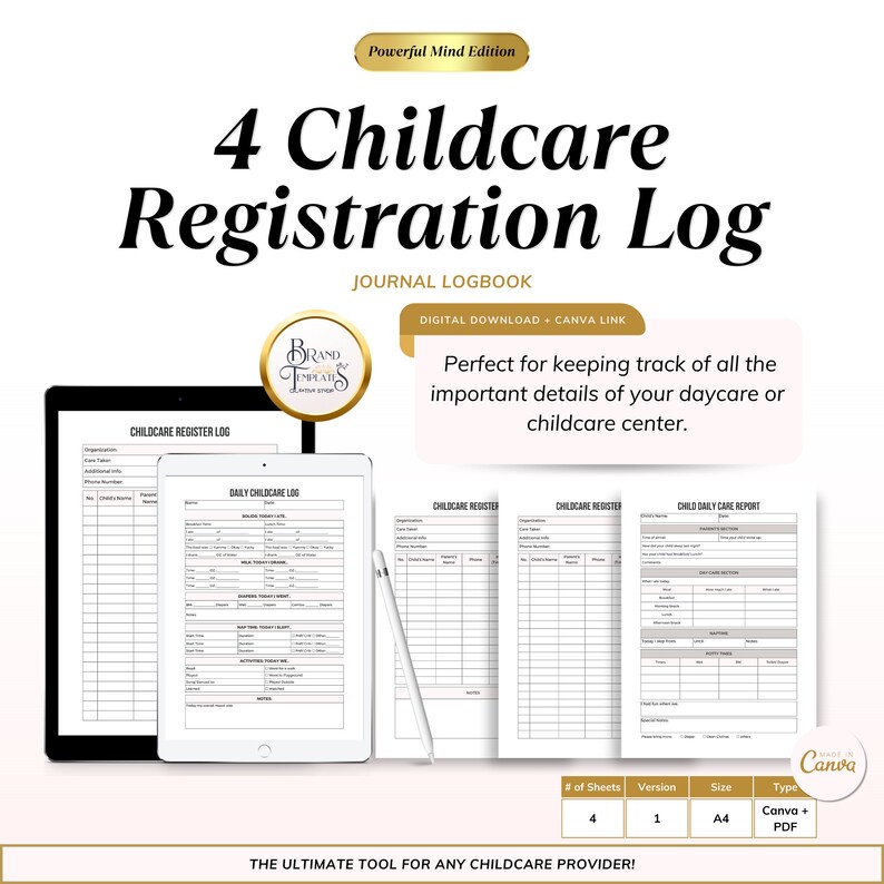 Childcare Register Log Book Editable Canva Template and Printable PDF ...