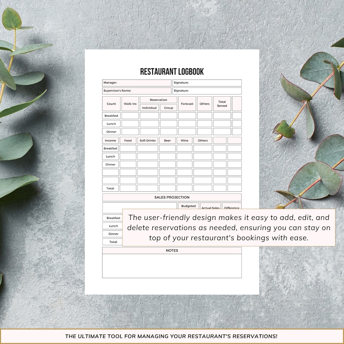 Restaurant Reservation and Managers Logbook Template and Printable PDF ...