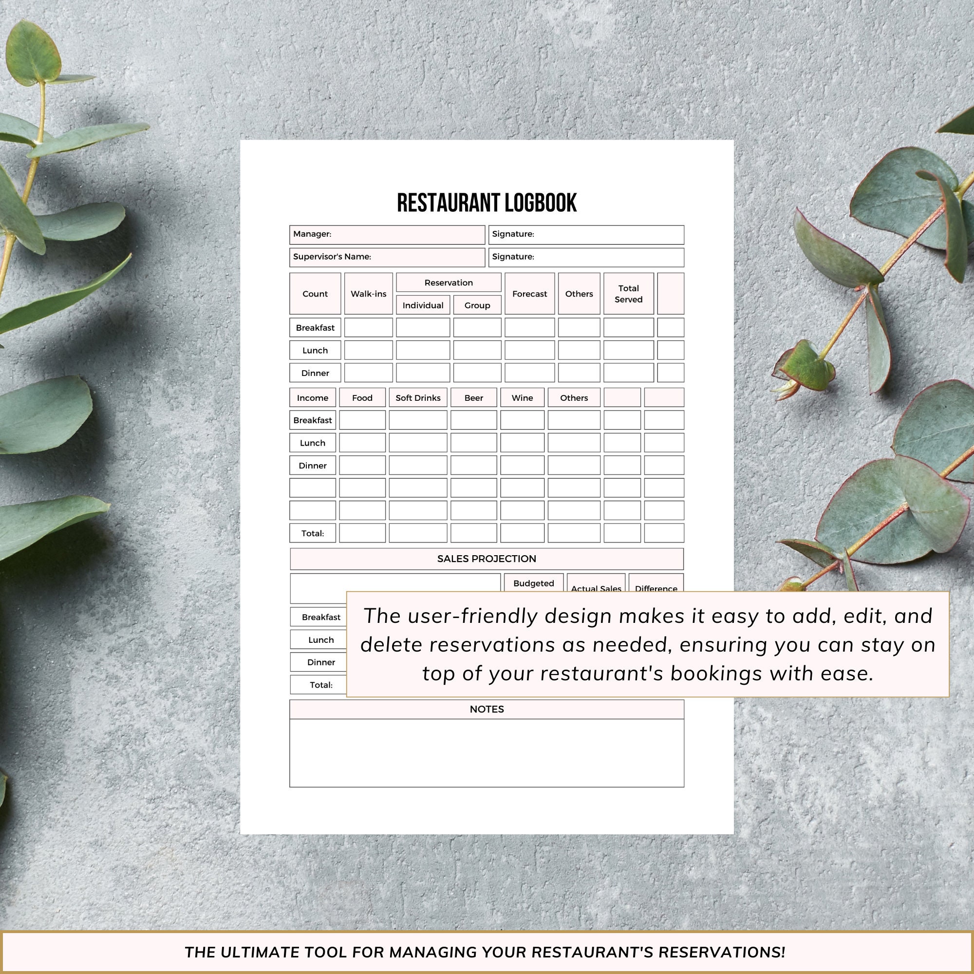 Restaurant Reservation and Managers Logbook Template and Printable PDF ...