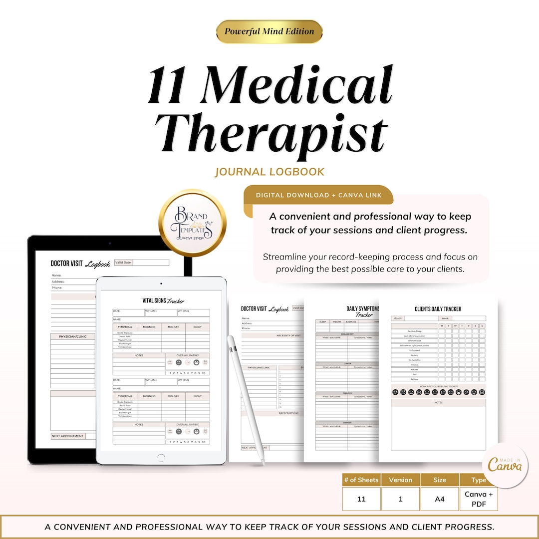 Therapist Logbook Template canva and Printable PDF Fully Customizable ...