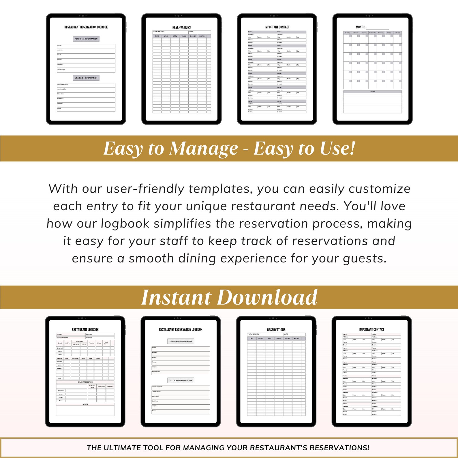 Restaurant Reservation and Managers Logbook Template and Printable PDF ...