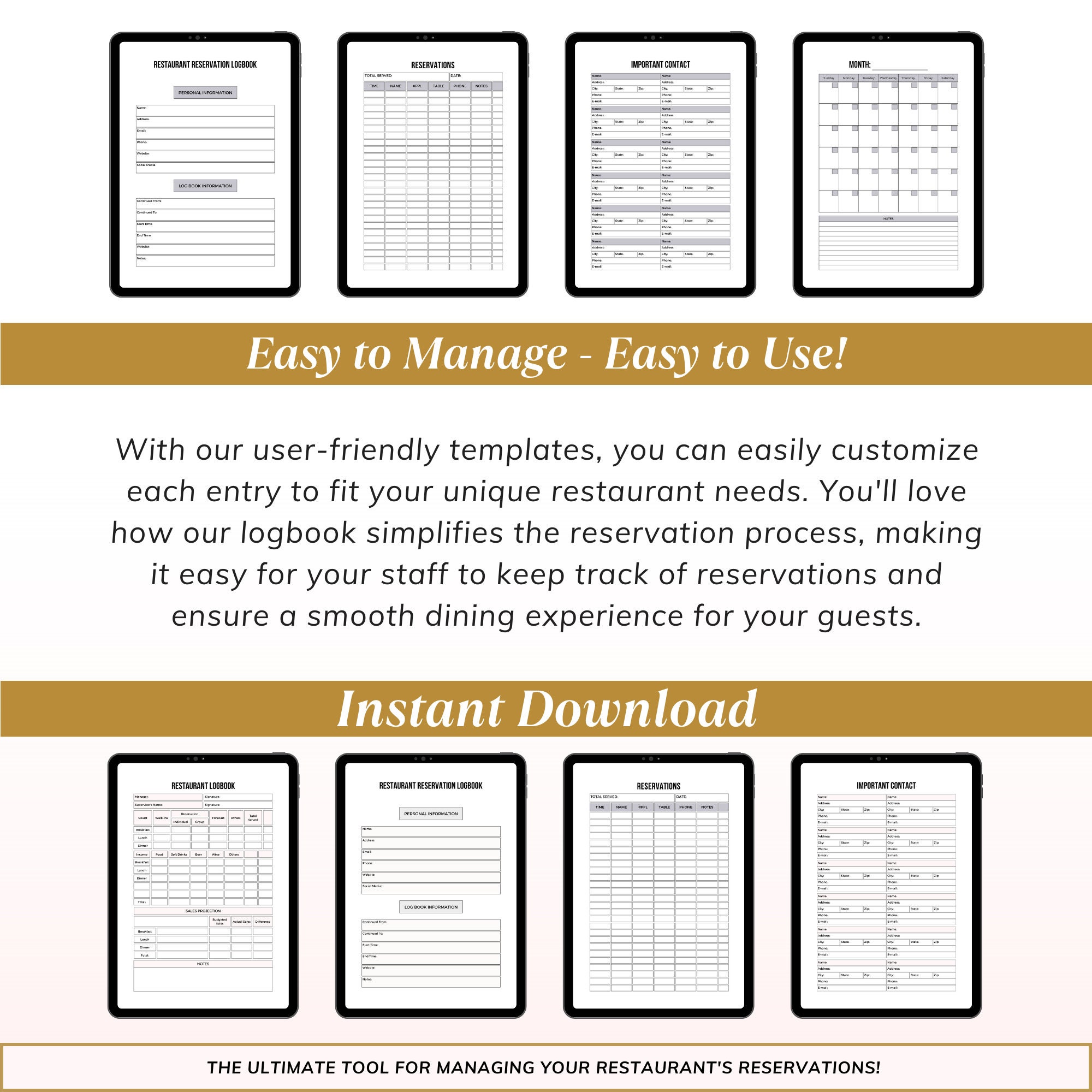 Restaurant Reservation and Managers Logbook Template and Printable PDF ...