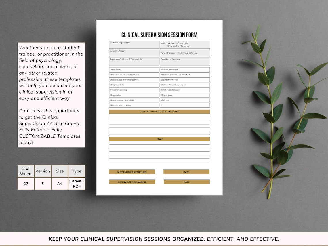 Clinical Supervision Session Forms and Hours Log Editable Canva ...