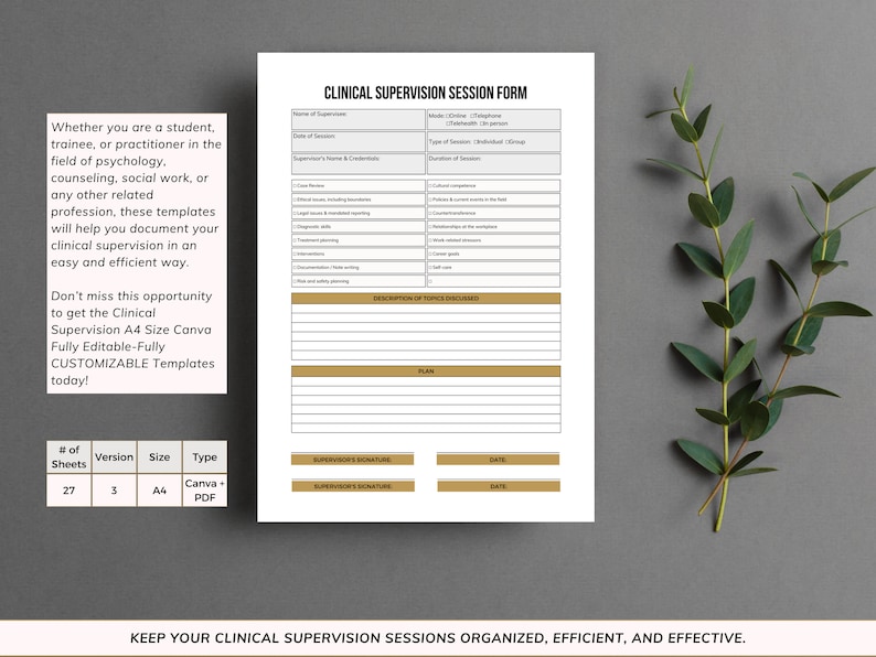 Clinical Supervision Session Forms and Hours Log - Editable Canva ...
