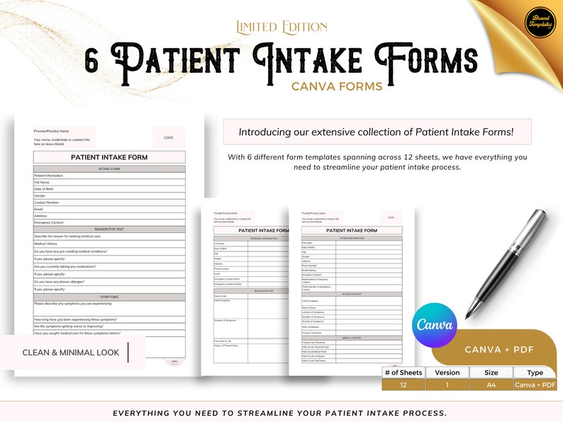 6 Patient Intake Forms Canva Template - Etsy UK