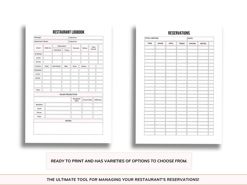 Restaurant Reservation and Managers Logbook Template and - Etsy