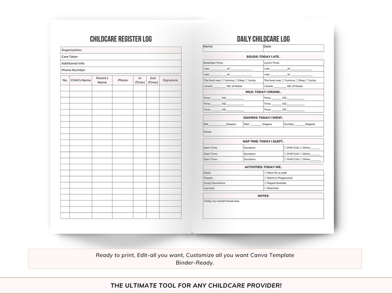 Childcare Register Log Book Editable Canva Template and Printable PDF ...