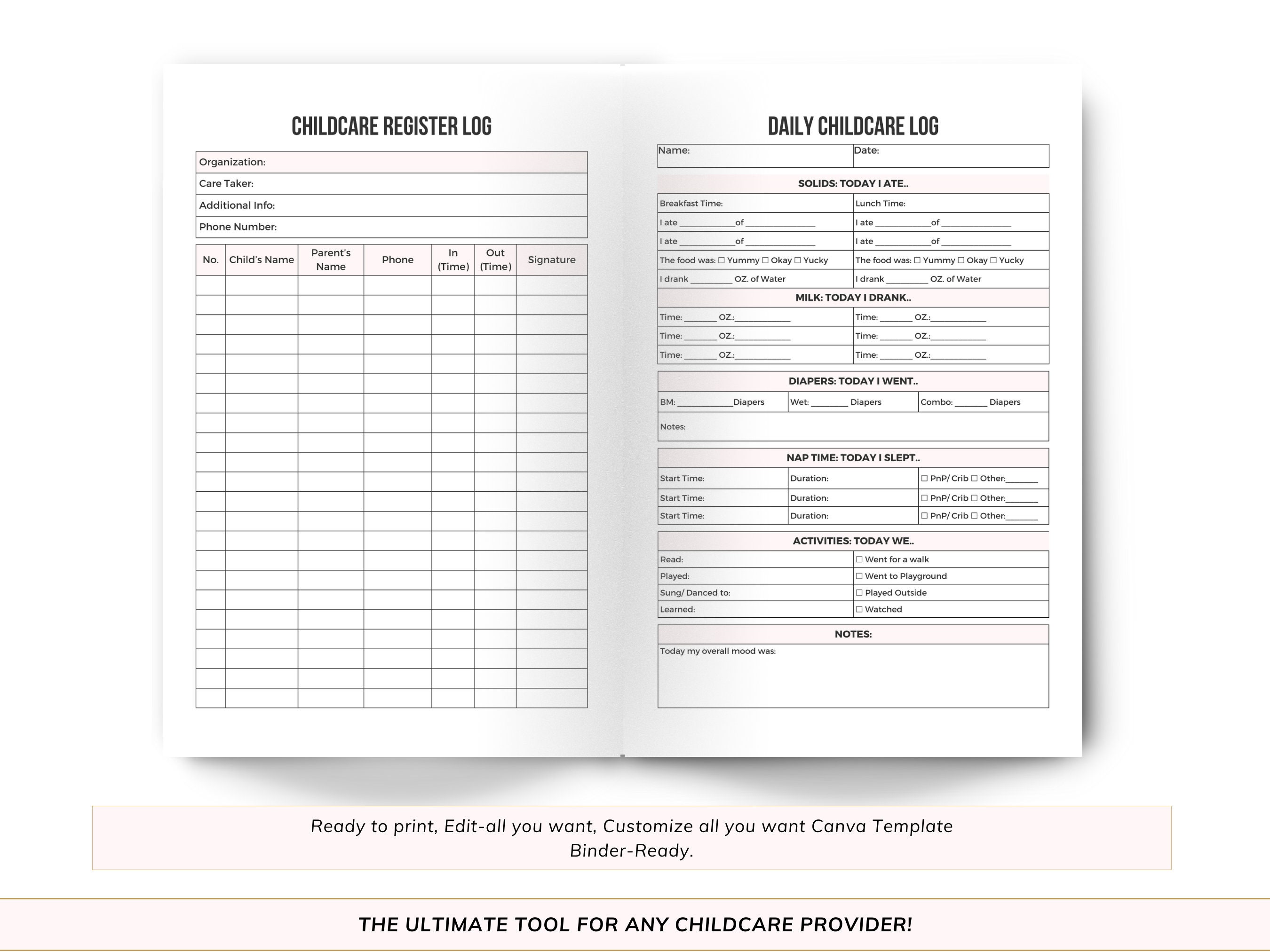 Childcare Register Log Book Editable Canva Template and Printable PDF ...