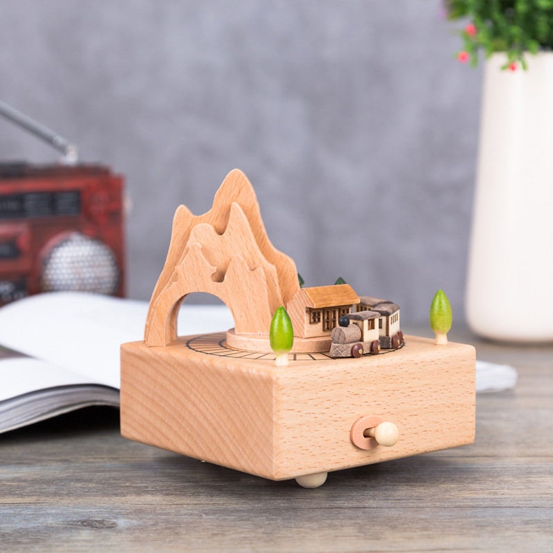 Holiday Gift Alishan Rotatable Small Train Music Box Sky City Beech ...