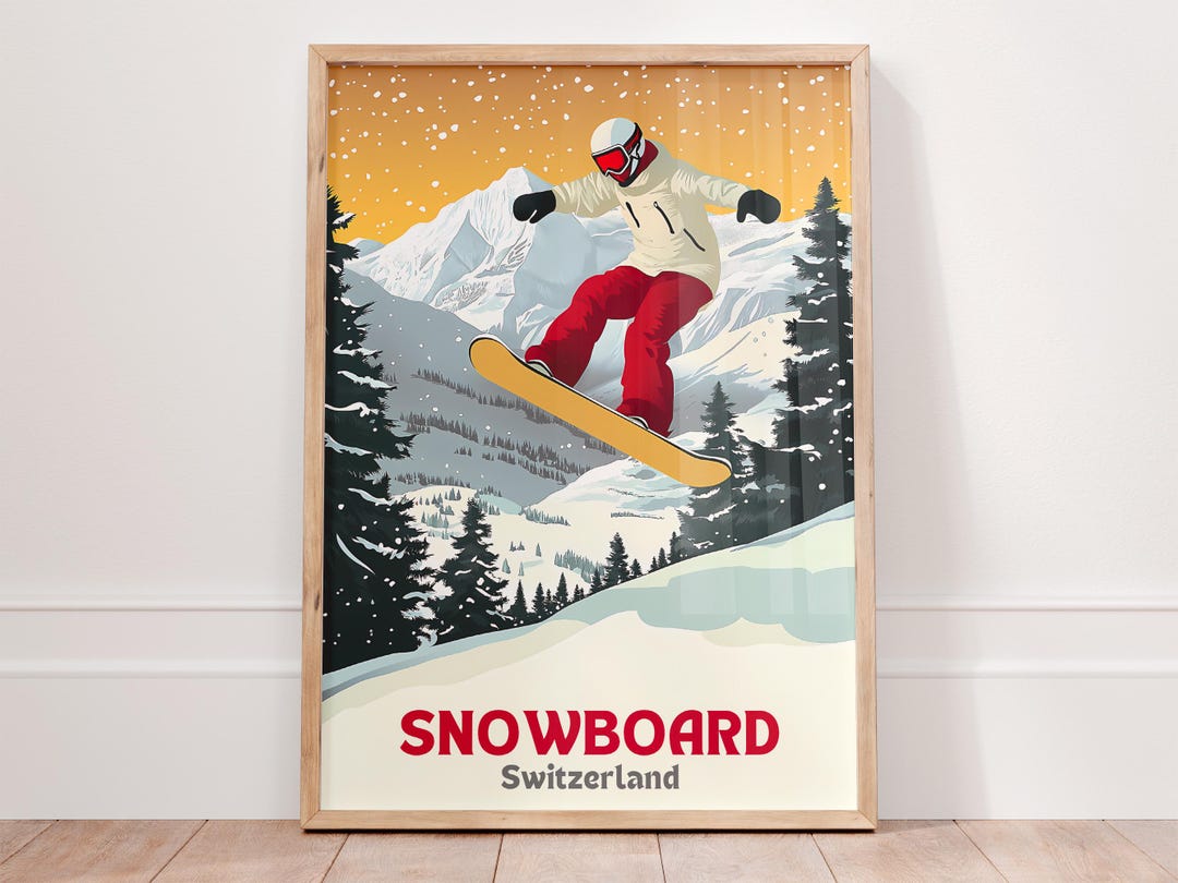 Vintage Snowboard Switzerland Poster, Retro Ski Resort Wall Art, Winter ...
