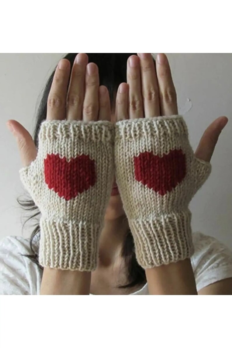 Valentines Day Heart Gloves, Knit Heart Fingerless Gloves for Women, Solid Color Heart Pattern ...
