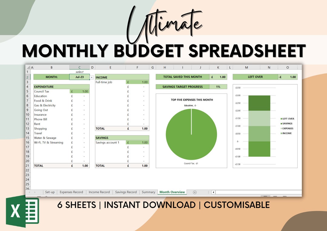 Monthly Budget Spreadsheet Template Budget Spreadsheet Excel - Etsy