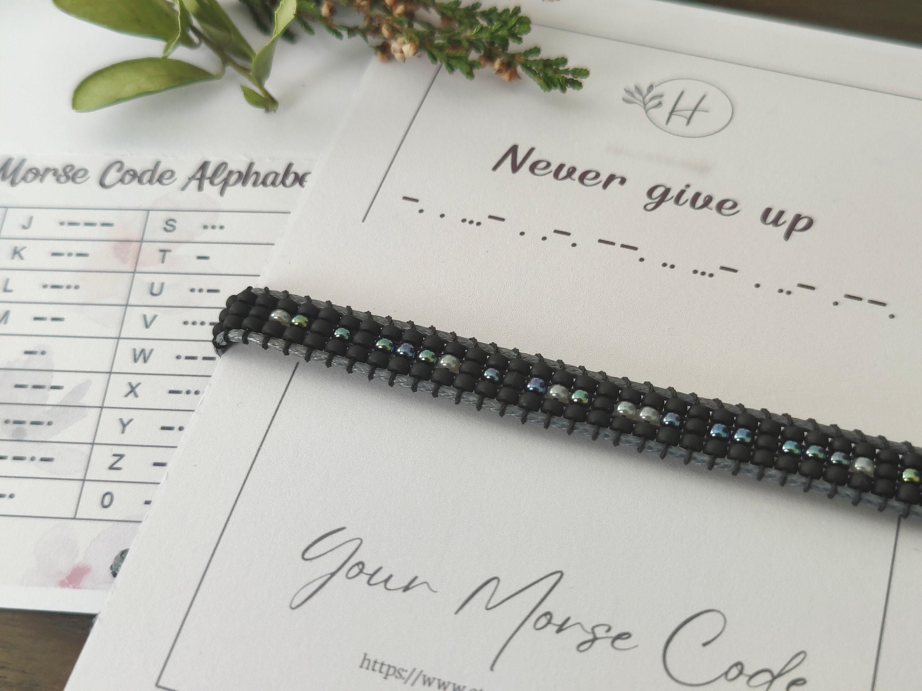 Never Give up Morse Code Bracelet, Personalized Thin Bracelet, Black Gray Bead Bracelet ...