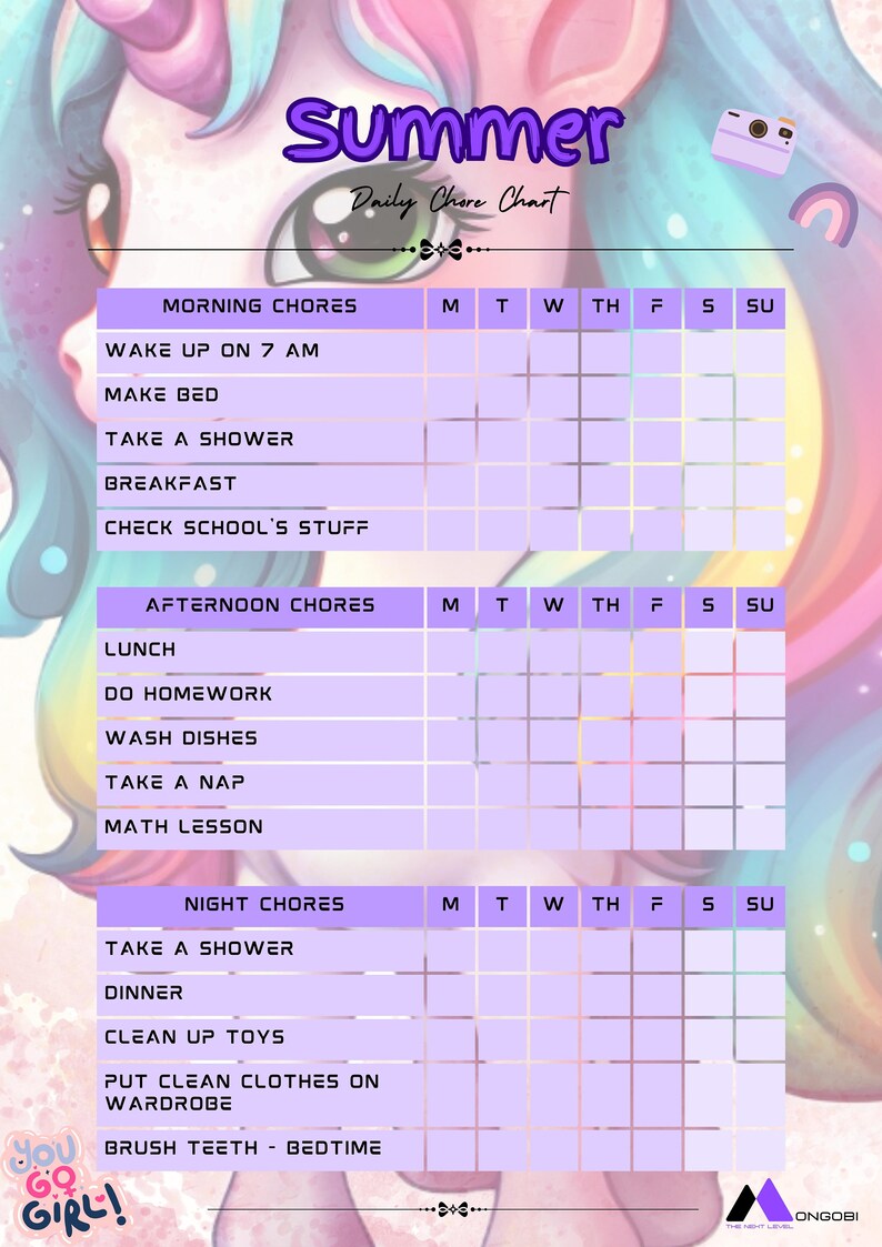 Summer Chore Chart for Kids, Kids Chore Chart, Kids Routine Chart ...