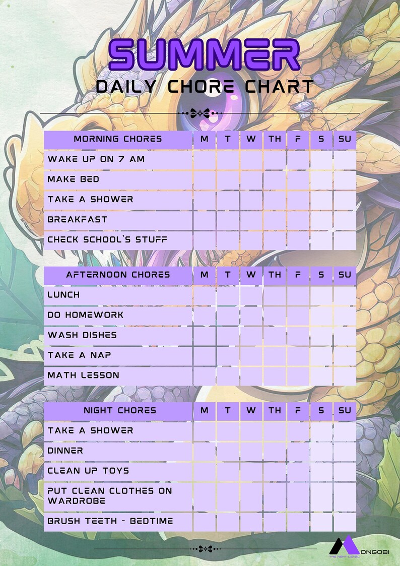 Summer Chore Chart for Kids, Kids Chore Chart, Kids Routine Chart ...