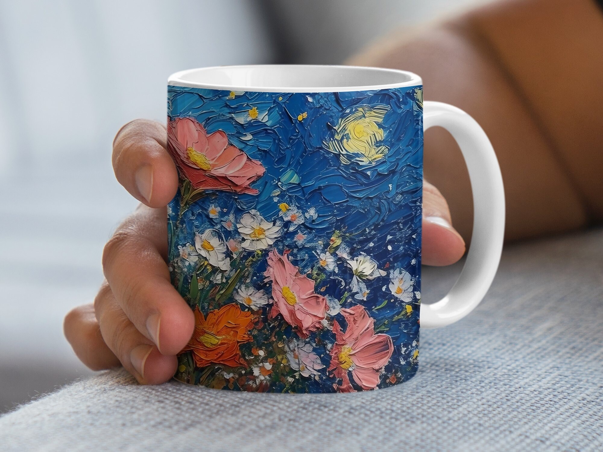Colorful Floral Art Coffee Mug, Impressionist Flower Painting, Perfect ...